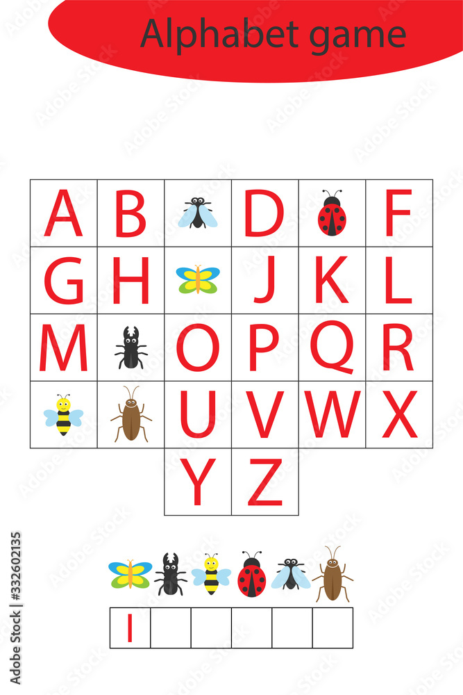 Stock-Vektorgrafik „Insect alphabet game for children, make a word ...