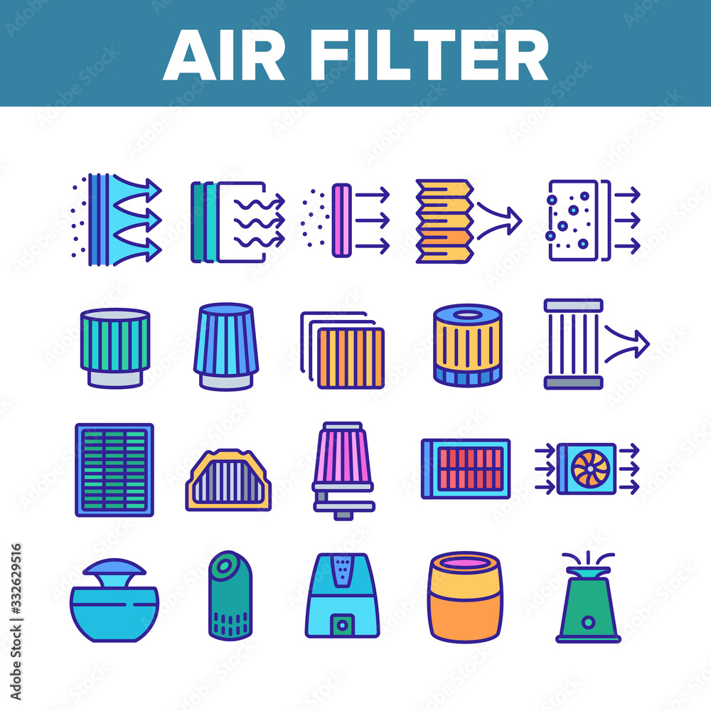 Air Filter And Airflow Collection Icons Set Vector. Car And Conditioner ...