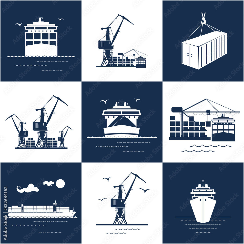 Set of blue and white marine cargo icons, dry cargo ship and container ...