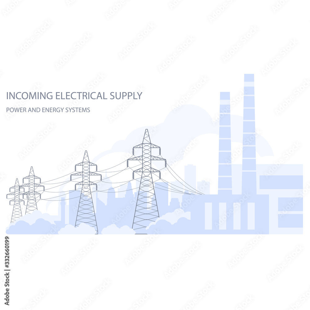 Tangent towers, high voltage power line pylons and city silhouette ...