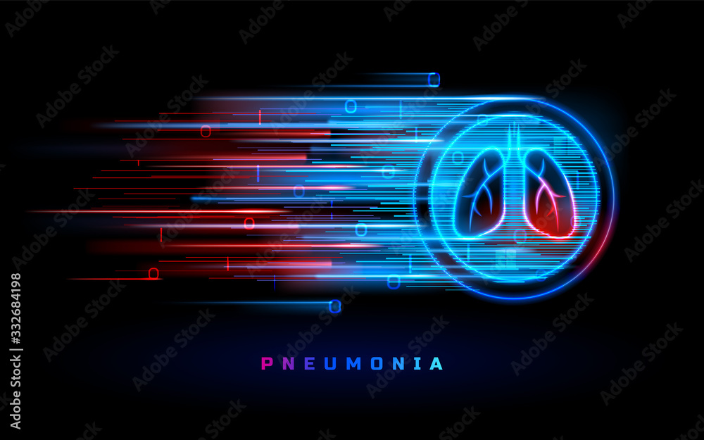 Pneumonia, lung disease, cancer and bronchitis, vector neon red blue ...