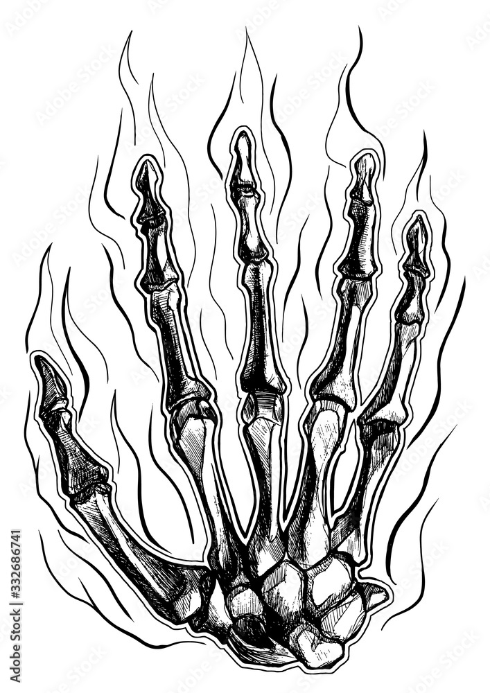 Part of the hand, bones, raised wrist of the skeleton, which is on fire ...