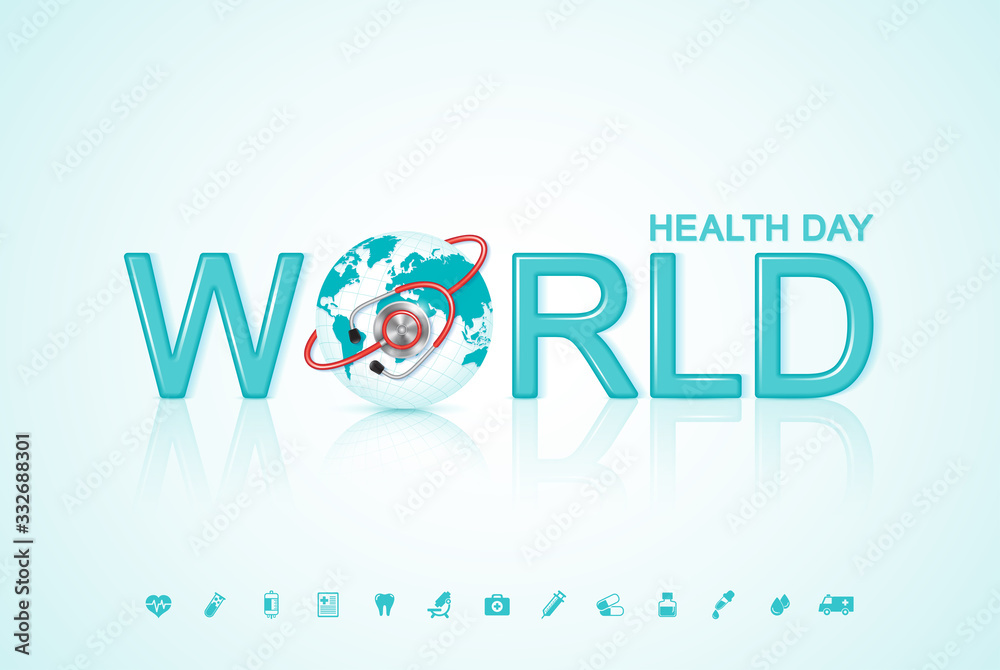 World health day concept world map, heartbeat, stethoscope and flat ...