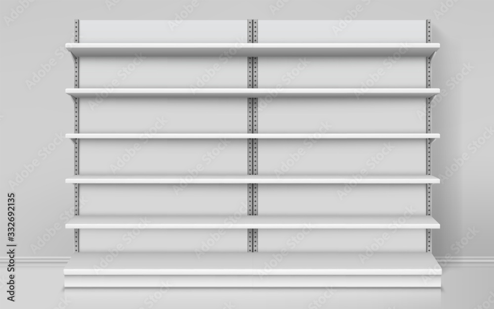Realistic empty shelves for shop. Mockup of supermarket stand or indoor ...
