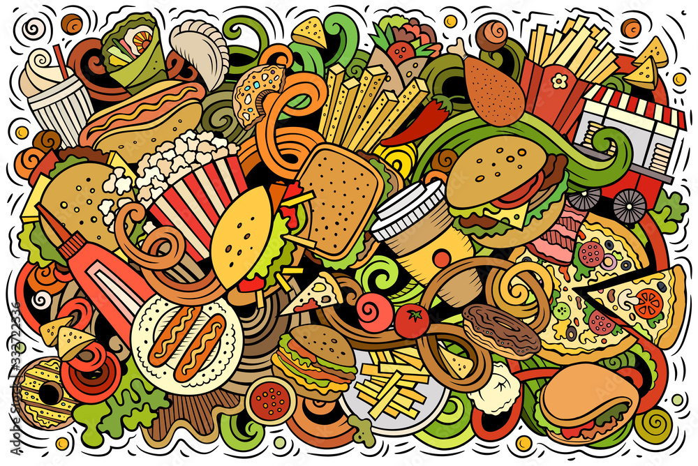 Fastfood hand drawn cartoon doodles illustration. Colorful vector ...