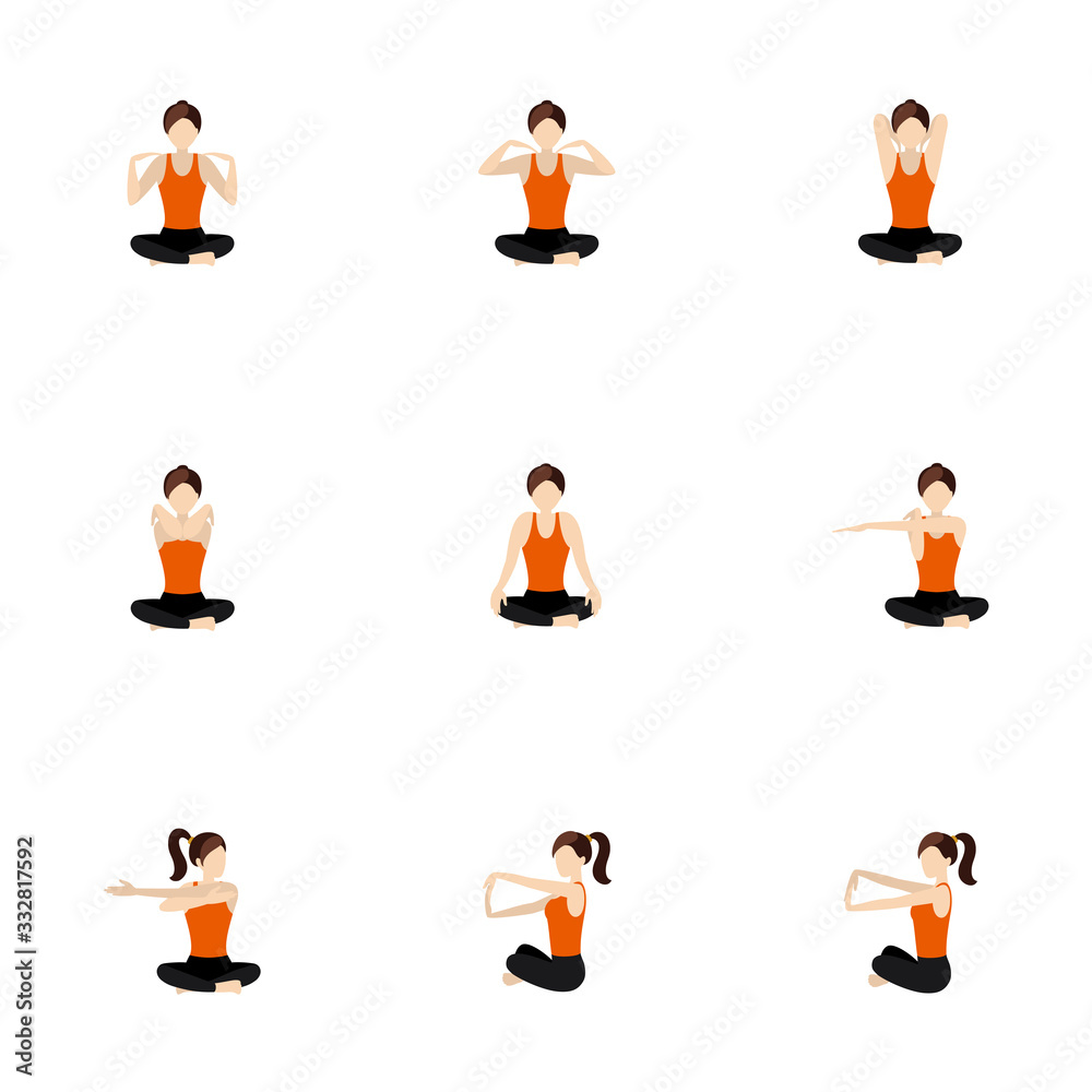 Arms and shoulders stretching asanas set in easy pose/ Illustration ...