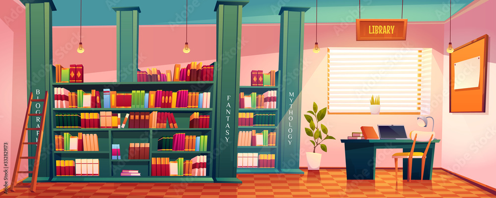 Library with books on shelves and laptop on table. Vector cartoon ...