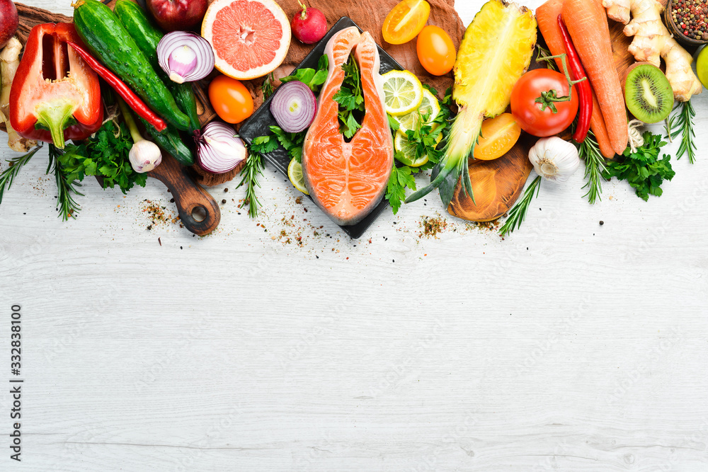 Healthy food menu: fish meat, vegetables and fruits. Diet menu. Stock ...