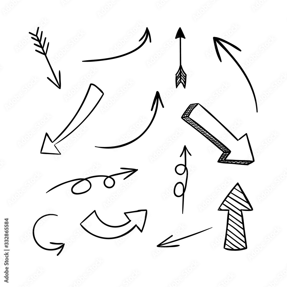 Vector set of hand drawn arrows isolated on white background, black, grunge sketched icons ...