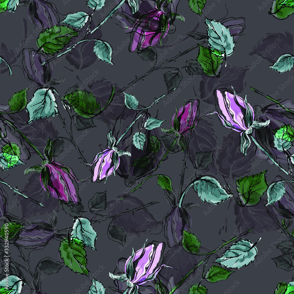 Floral pattern. Roses, leaves, thorns. Seamless vector illustration on ...