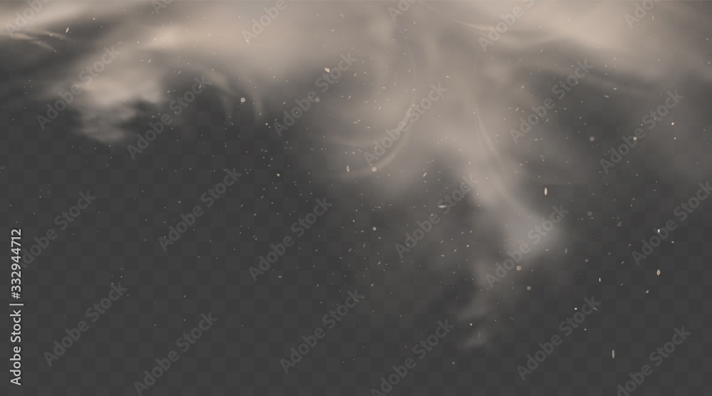 Dusty cloud. Smoke with sand, stones and flying dirty, soil dust ...