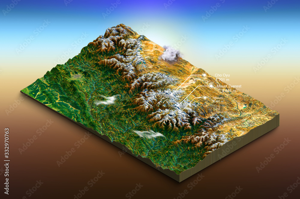 Isometric digital map of Mount Everest region Stock Illustration | Adobe Stock