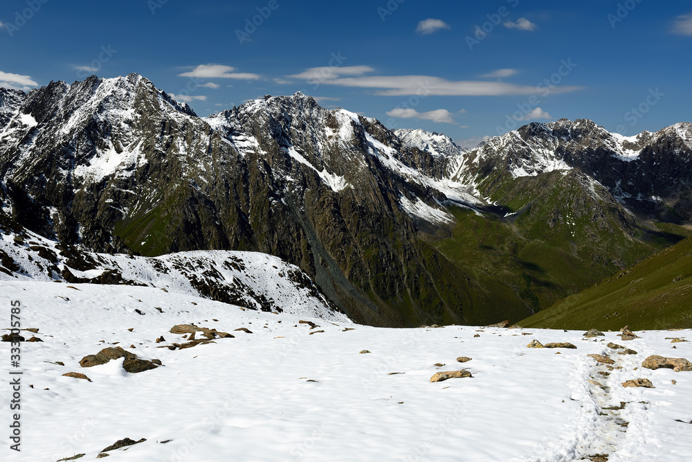 The Ala Kul lake trail at the Terskey Alatau mountain range in the Tian ...