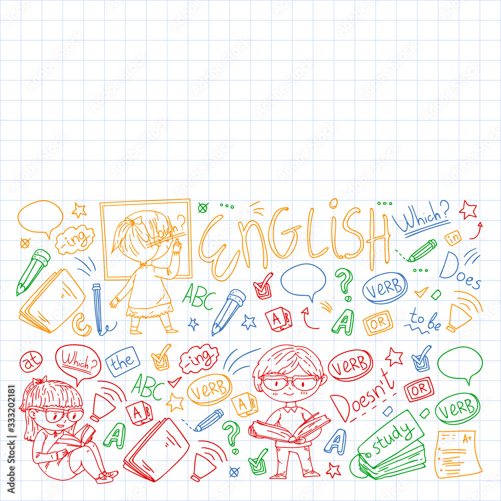 Online english school for children. Learn language. Education vector illustration. Kids drawing ...