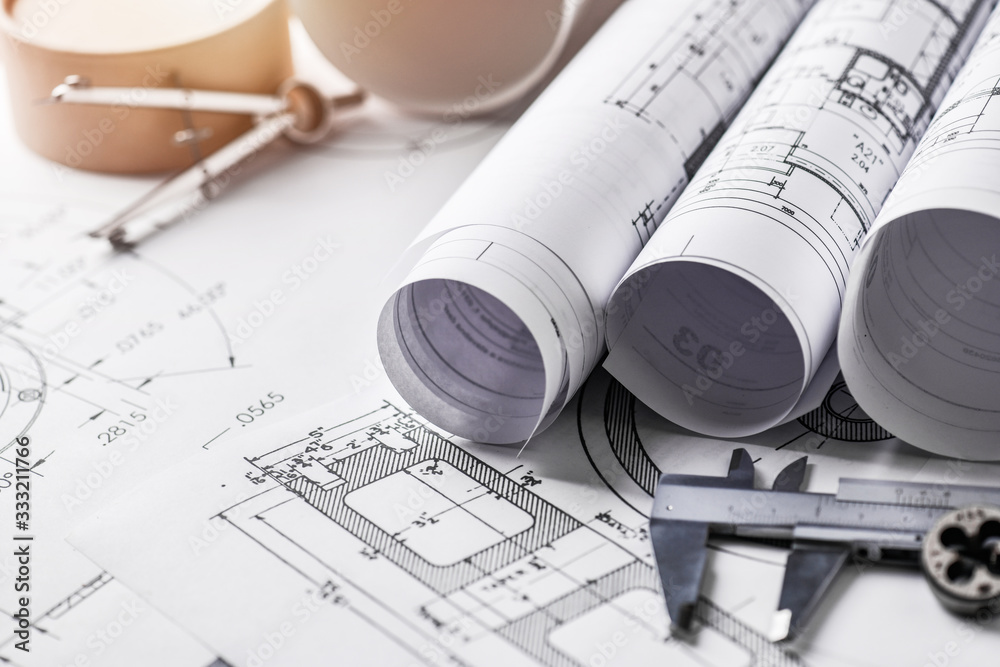 Technical drawings with measure tools. Pencil, measurement. Papers with ...