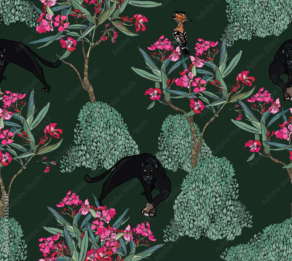 Udod and Pantera in Oleander Blooming Trees on Dark Green Background ...
