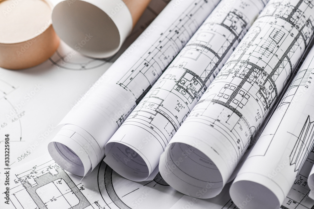 Technical drawings with measure tools. Pencil, measurement. Papers with ...