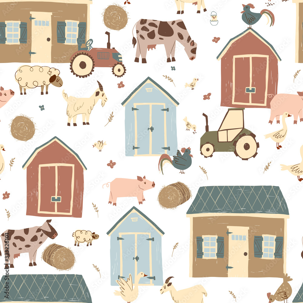 Farm house vector seamless pattern. Cute farm pattern for kids on white ...