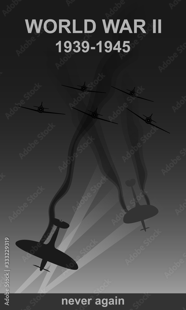 World War II 1939-1945 black and white vector illustration. Air force aircraft night scene ...