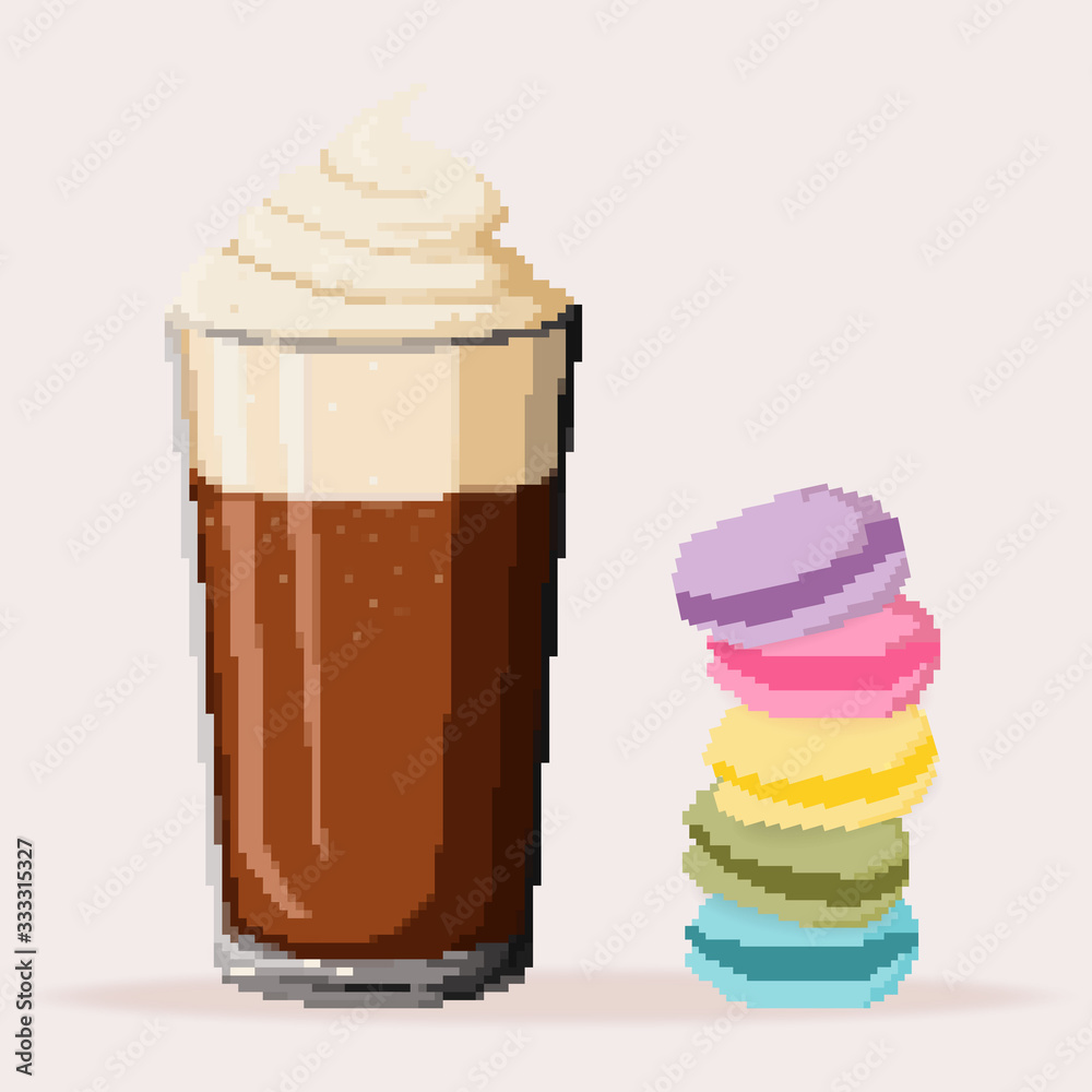 Pixel art coffee and cookies, macaroons. Retro 8bit game. Vector ...