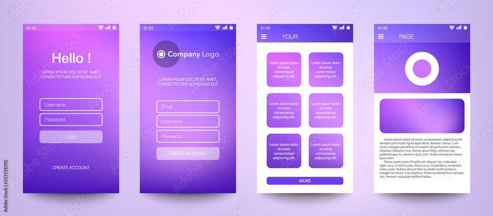 Design of mobile app, UI, UX, GUI. Set of user registration screens ...