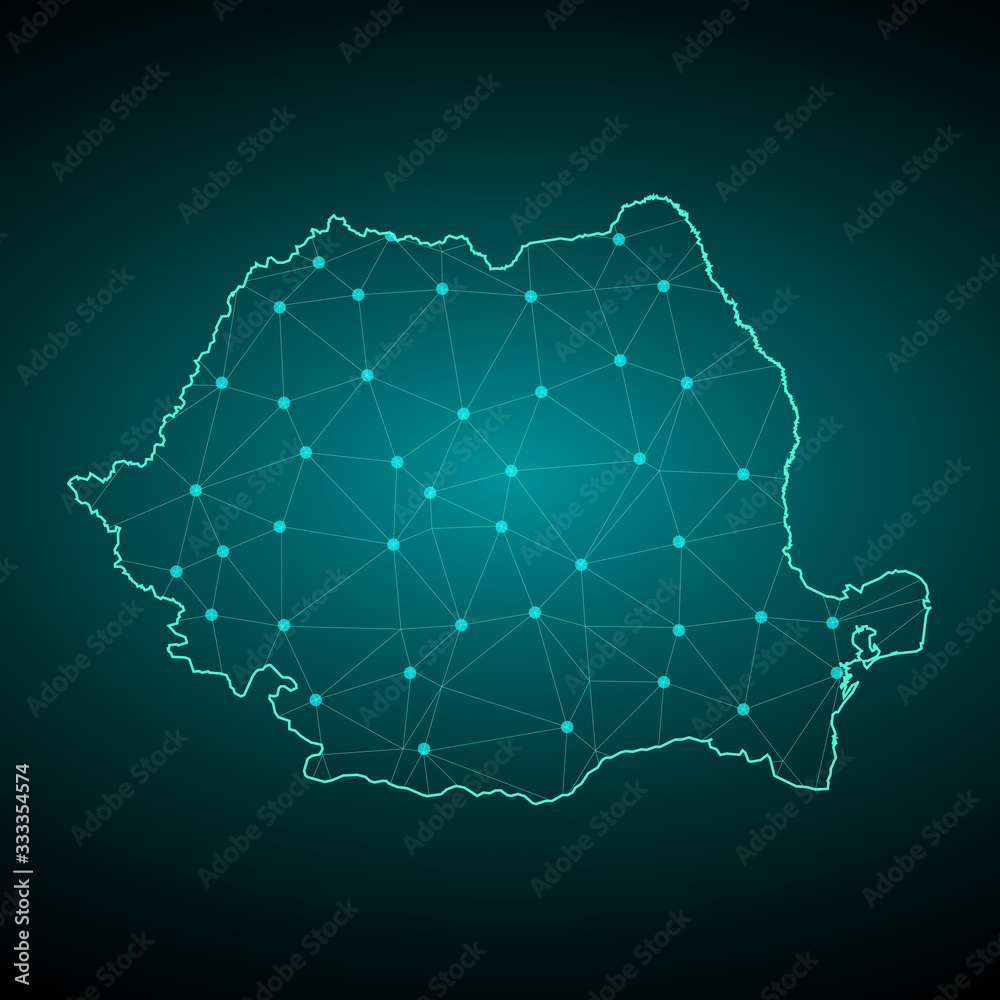 Map of Romania. Wire frame 3D mesh polygonal network line, design ...