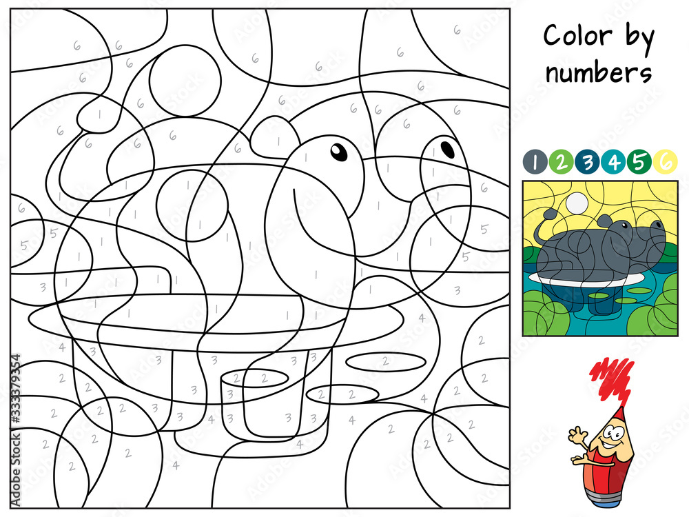 Funny hippo. Color by numbers. Coloring book. Educational puzzle game ...