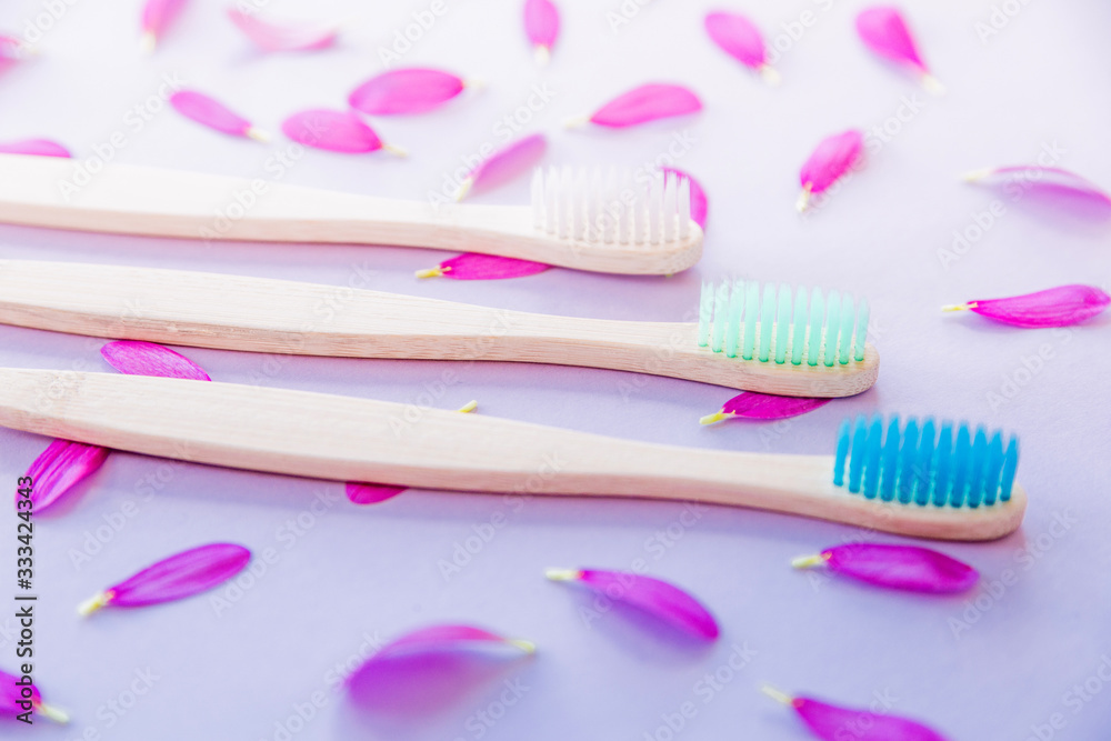 Three bamboo brushes on a purple background with petals Stock Photo ...