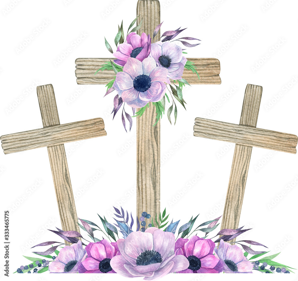 Watercolor Flower wood Cross. Easter Cross with flowers bouquet ...