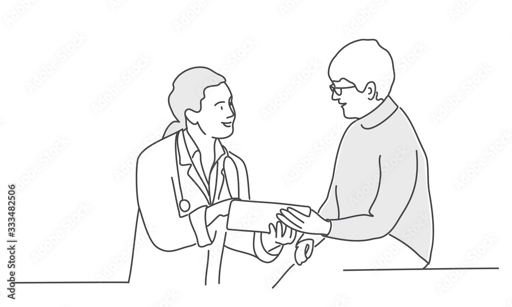 Hand drawn vector illustration of doctor with female patient. Stock ...
