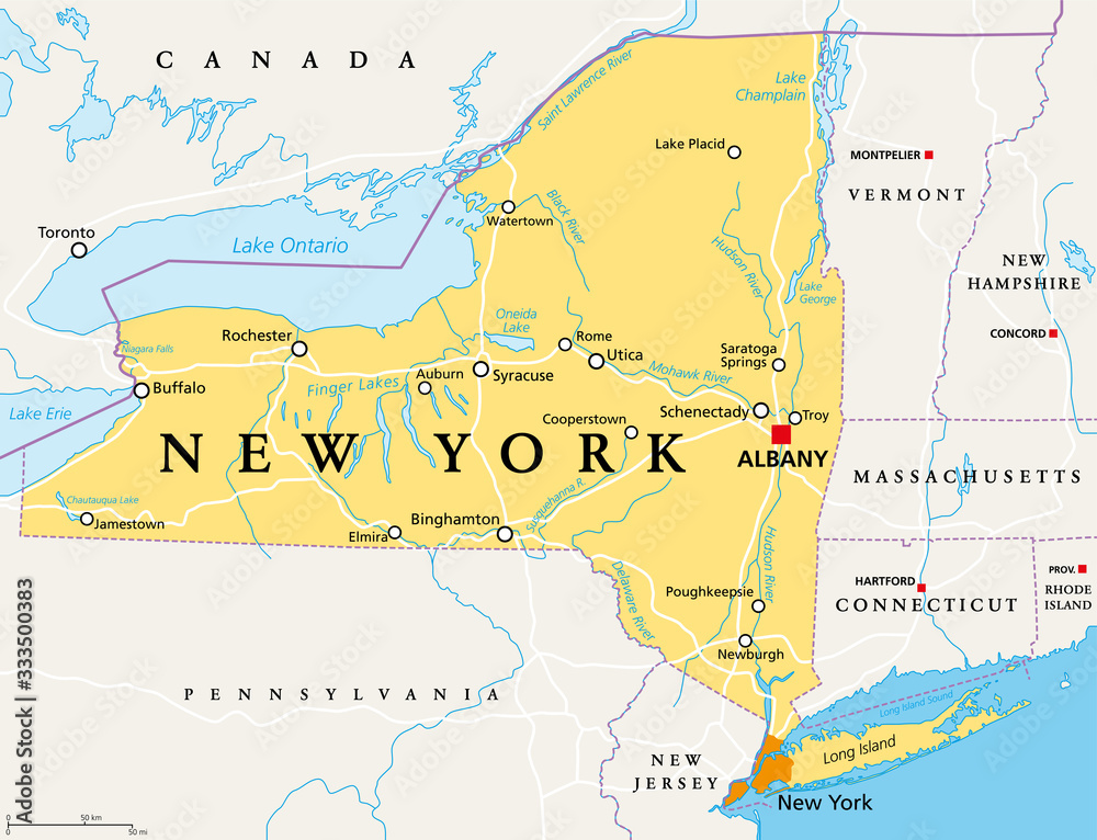 New York State (NYS), political map, with capital Albany, borders ...