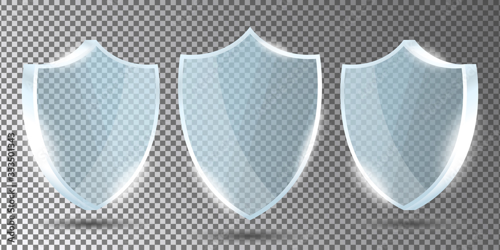 Glass shields set on transparent background in front and side view ...