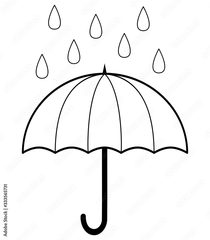 Umbrella in rain outline. Coloring book page for children. Vector illustration isolated on white ...