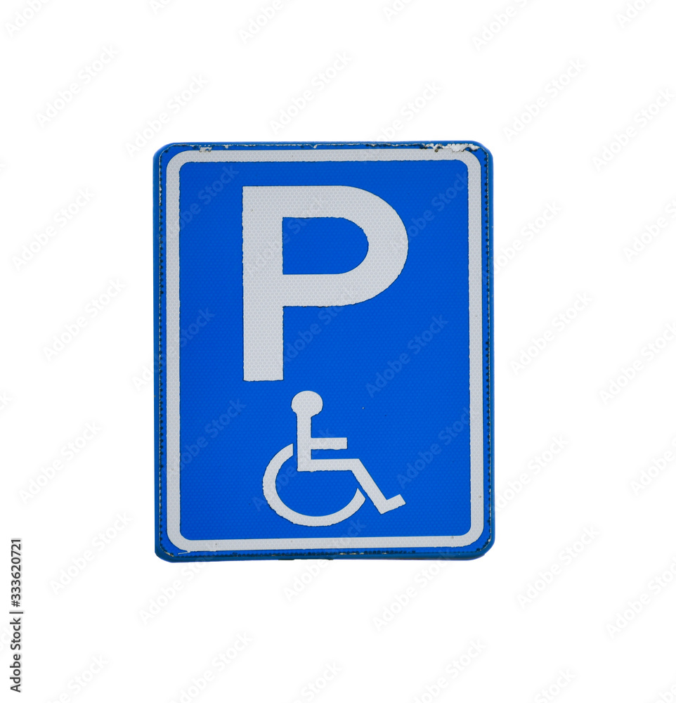 Object, old symbol blue reserved handicap parking sign on white ...