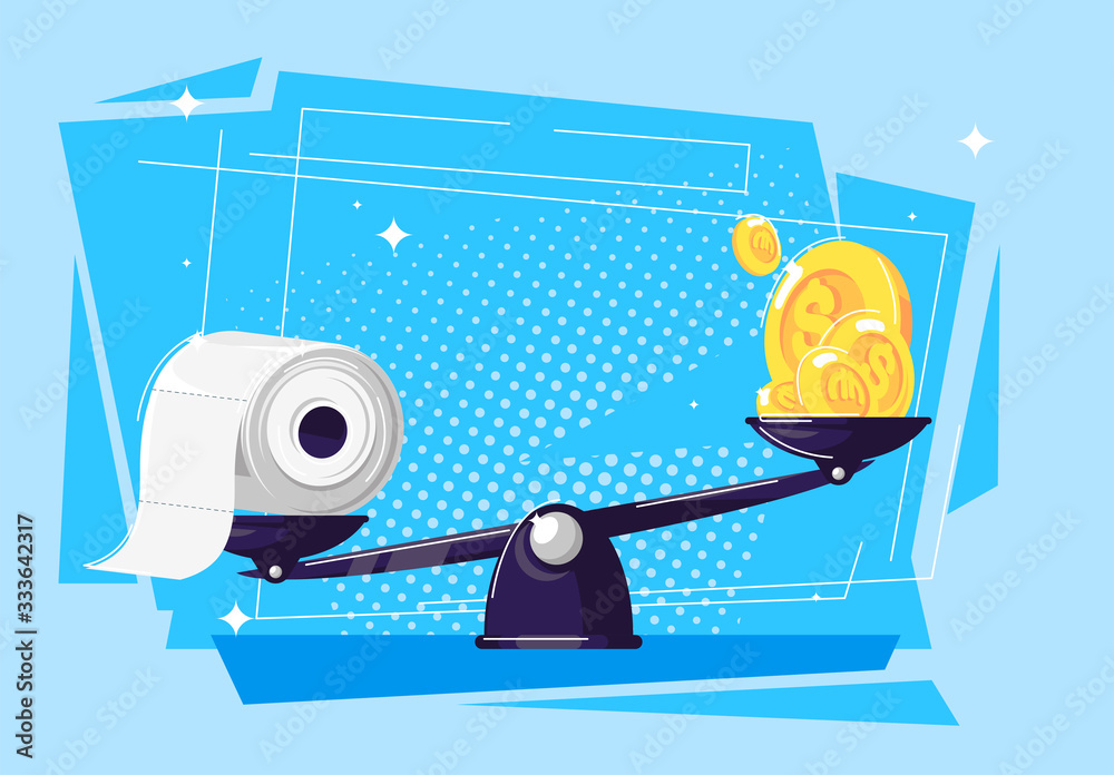 Vector illustration of toilet paper and gold coins lying on the scales ...