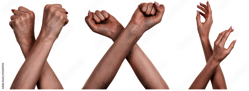 Multiple images set female black hands isolated white background ...