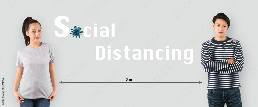 Social distancing concept. young Asian man and woman standing with ...