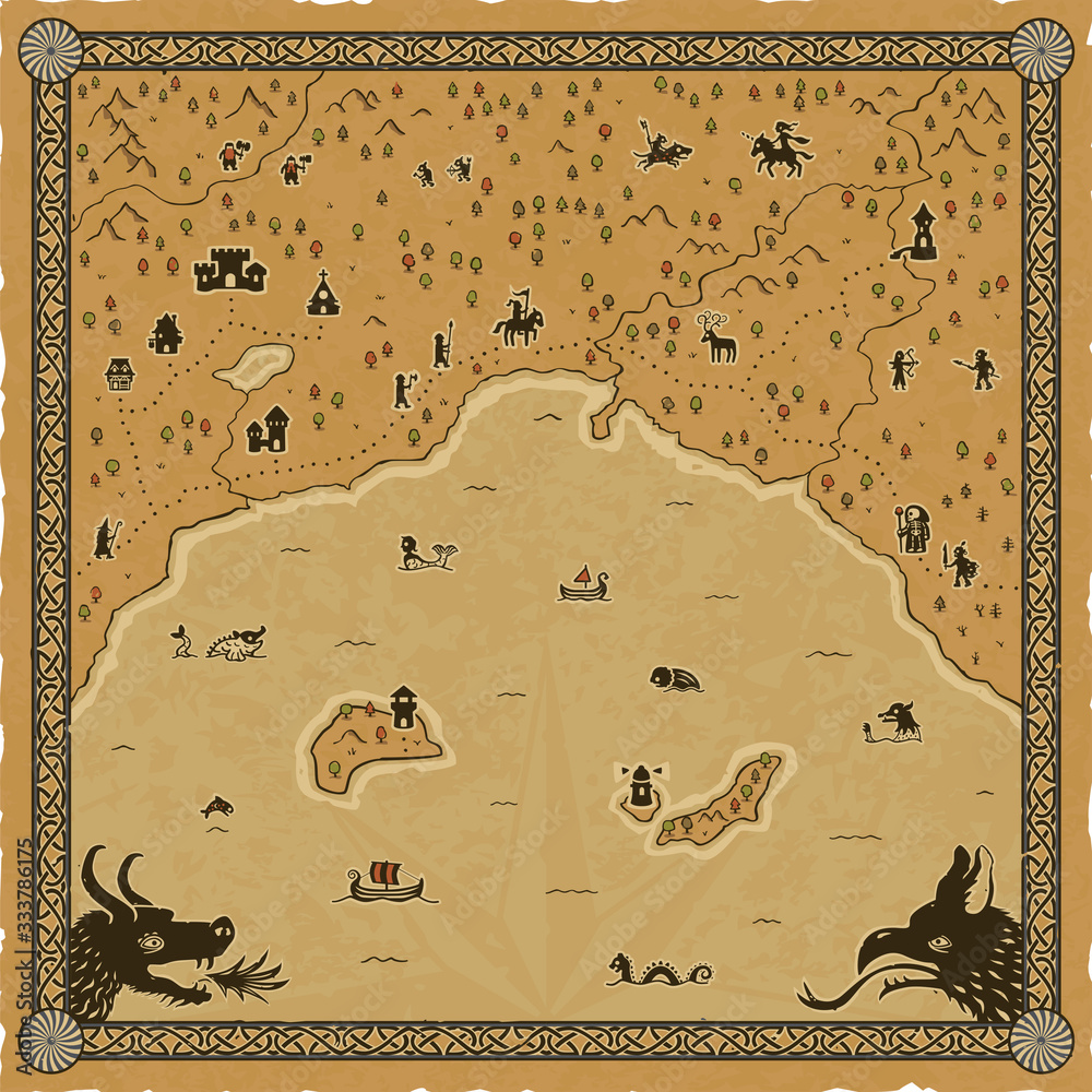 Vintage medieval fantasy map with an ornate frame, ships, orcs, goblins ...