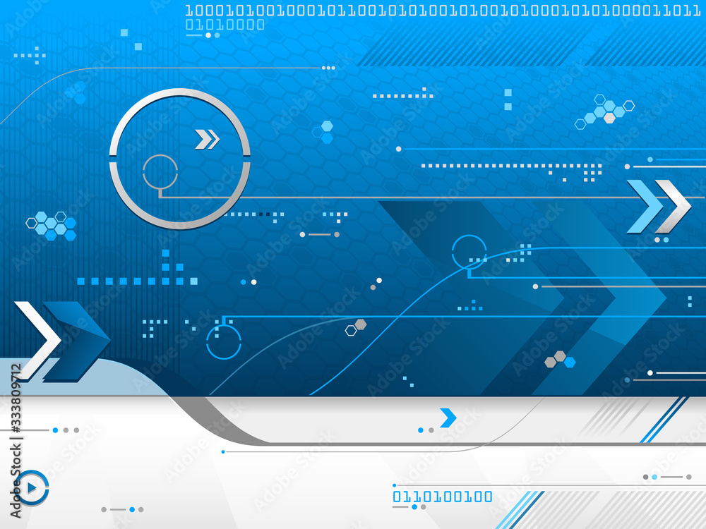 Blue and white abstract futuristic background with hexagons, patterns, arrows, circles, dots ...