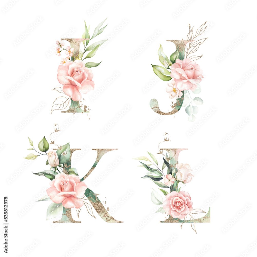 Illustration Stock Gold Green Floral Alphabet Set Collection - letters ...