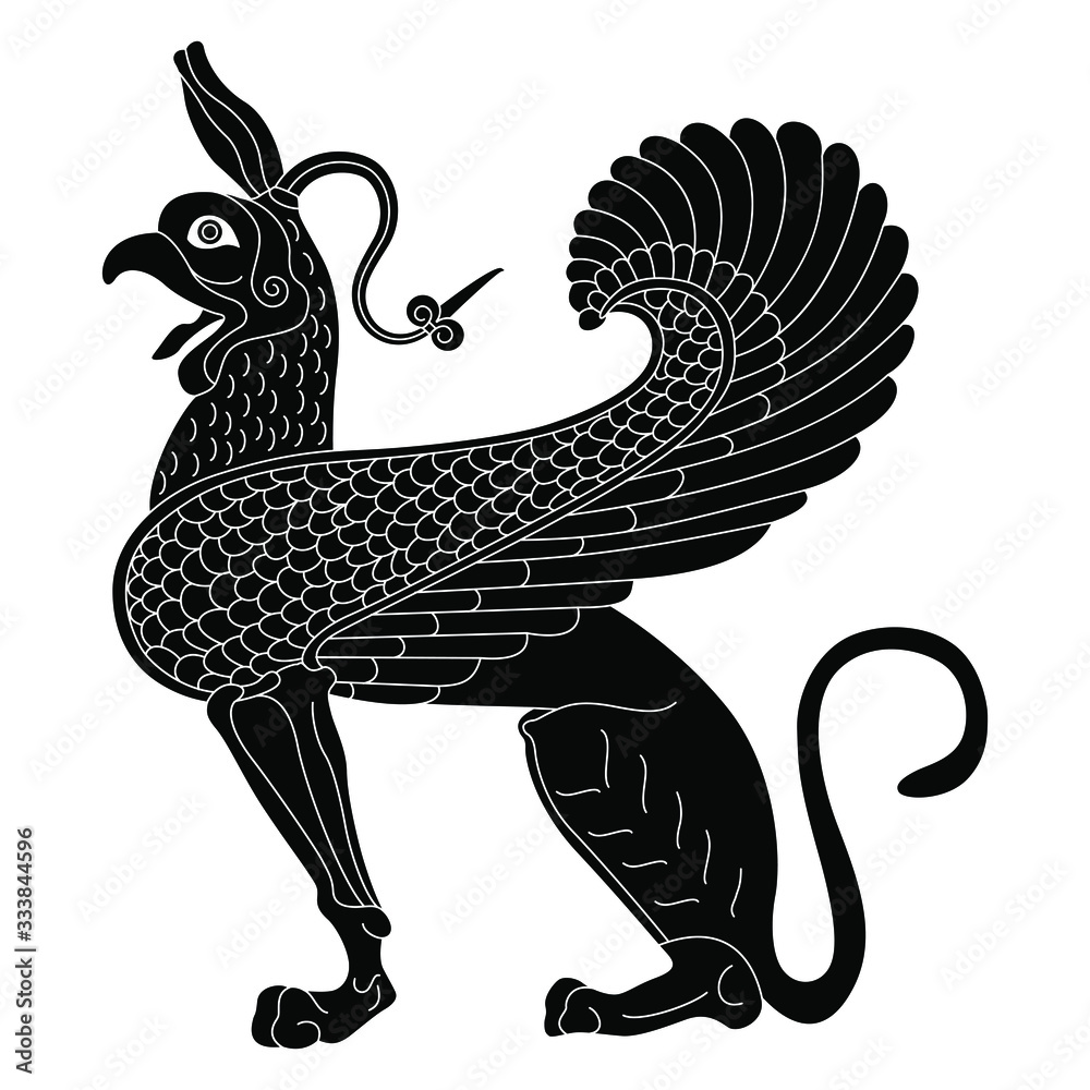 Isolated vector illustration. Winged antique griffin. Fantastic ancient ...
