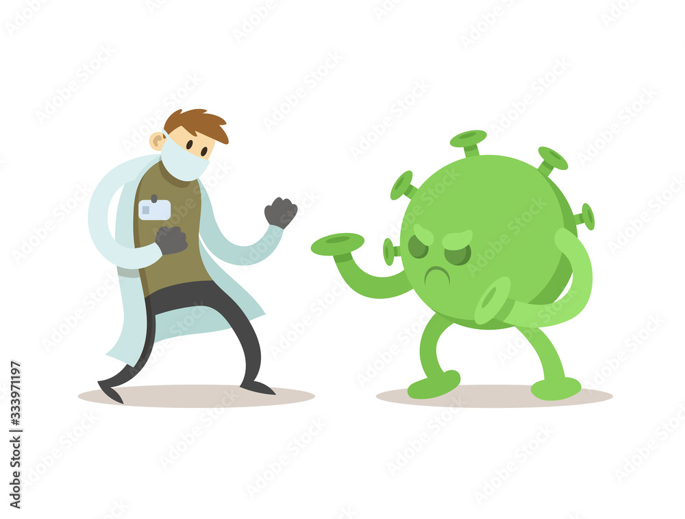 Cartoon doctor fighting big green virus. cure corona virus. Fight covid ...
