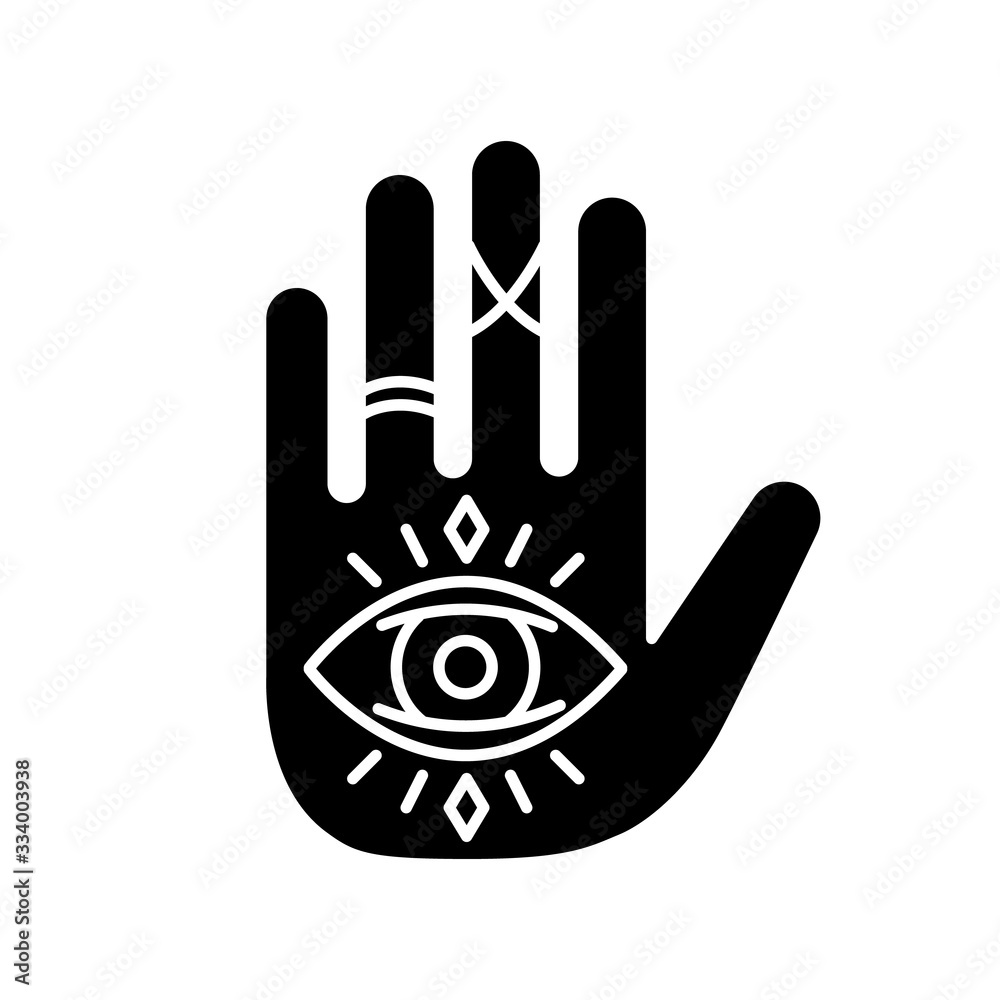Hand and eye esoteric black glyph icon. Fortune teller mystic symbol ...