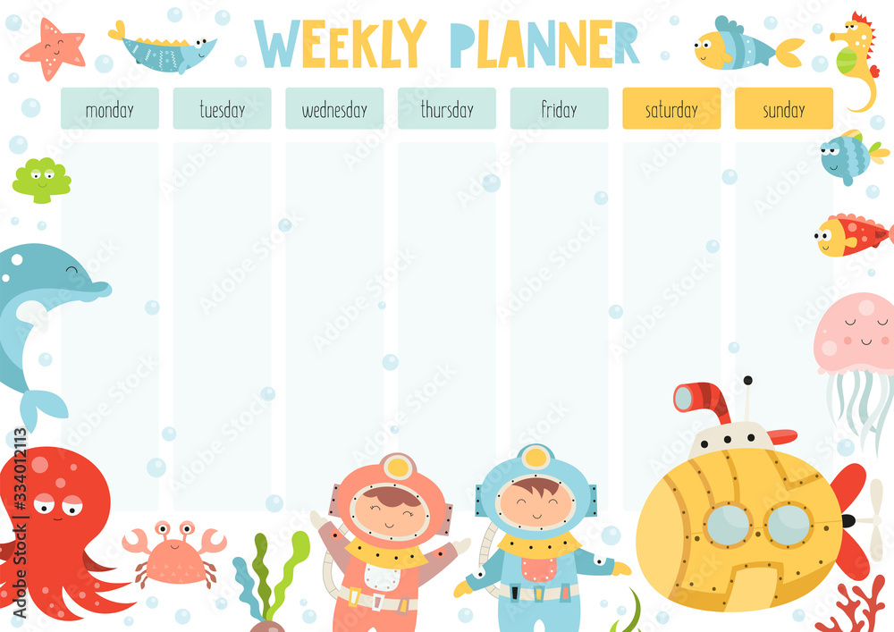 Vektor Weekly planner with cute underwater animals, submarine, diver ...