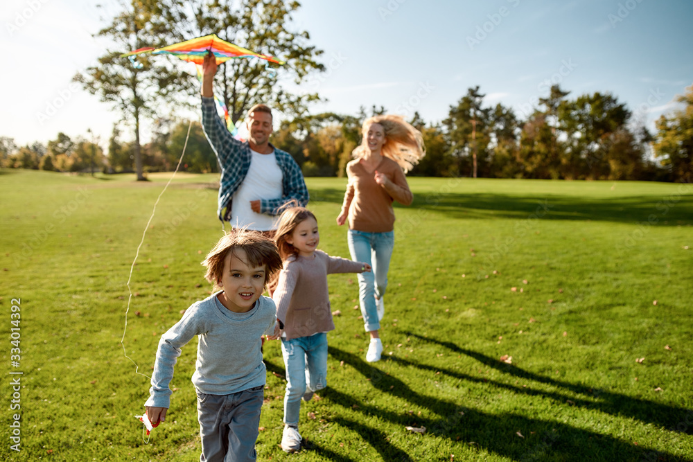 There are no words to describe how special kids are. Happy family playing a kite. Outdoor family ...
