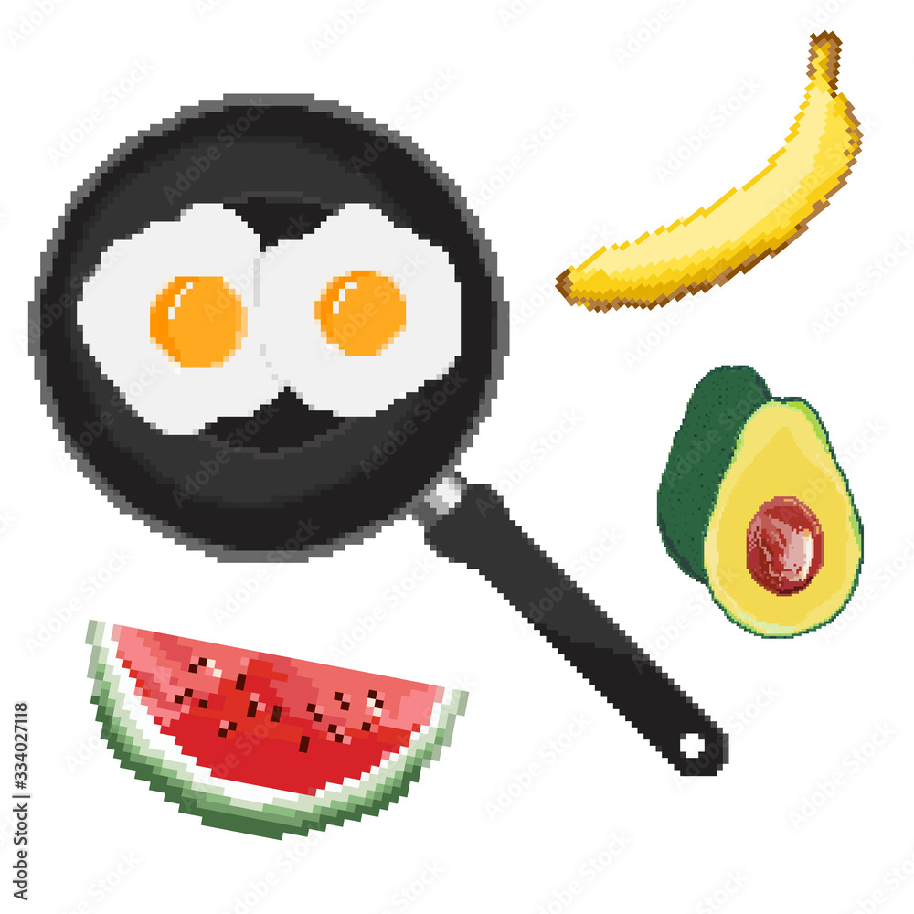 Set of cartoon pixel food: eggs, avocado, coffee, cakes, hamburger ...