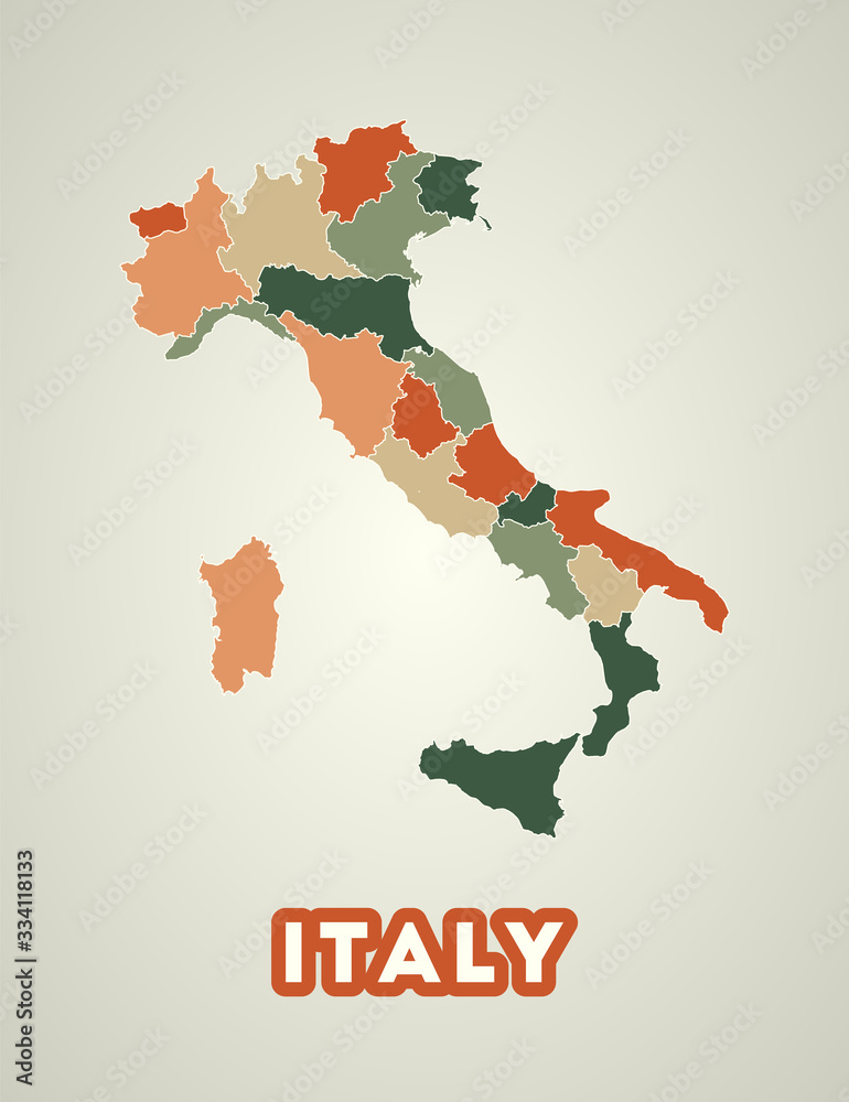 Italy poster in retro style. Map of the country with regions in autumn ...