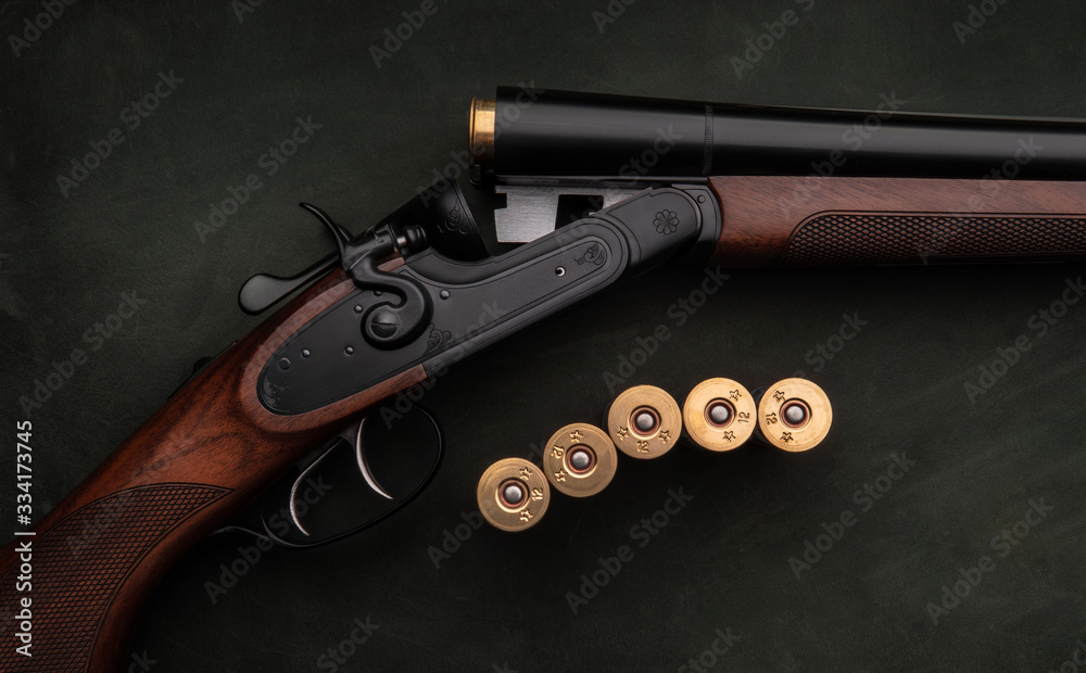 Classic trigger double-barreled hunting rifle on a green background ...