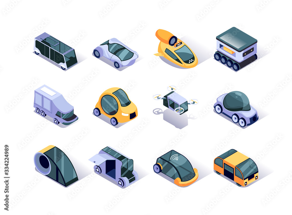 Autonomous vehicles isometric icons set. Futuristic self-driving car ...