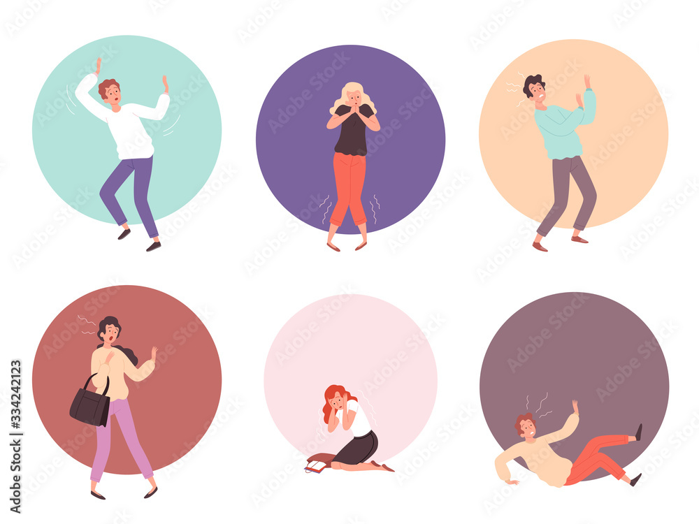 Scared people. Horrified attack characters in action poses reaction on ...